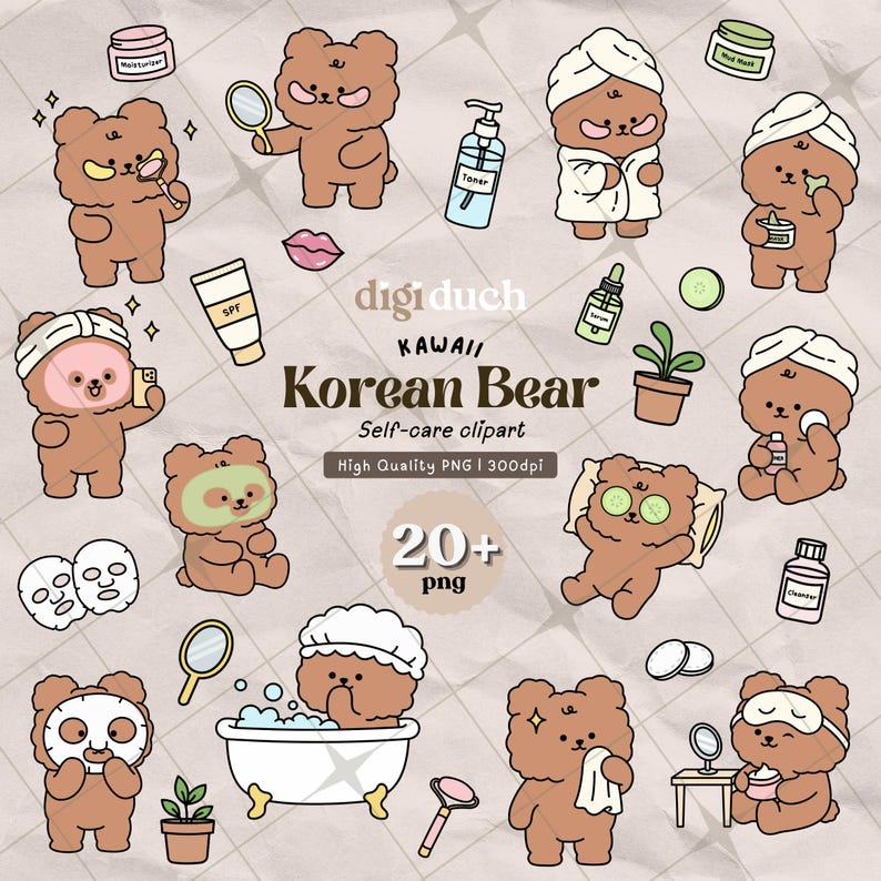 Kawaii Korean Bear Self-care Clipart Bundle, Cute Spa Day Bear PNG ...