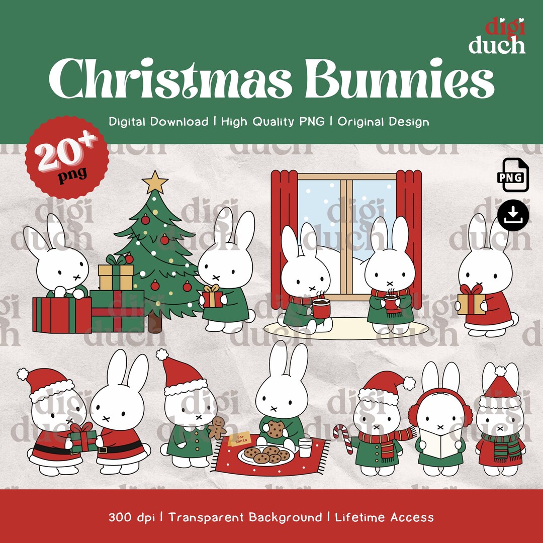 Christmas Bunny PNG Bundle, Kawaii Holiday Clipart, Winter Rabbit ...
