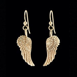 14k Gold Angel Wing Earrings Solid Gold Angler Wing Charm Gold Earrings ...