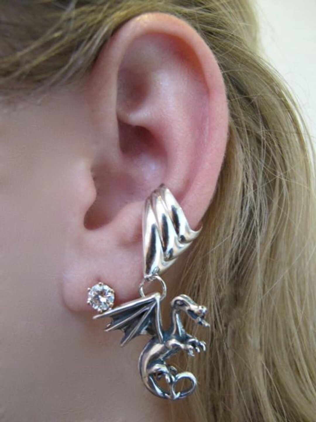 Dragon Ear Cuff Chevron Silver Dragon Cuff Dragon Jewelry Dangle Ear ...