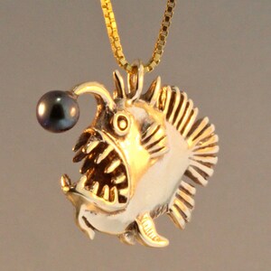 Angler Fish Gold Charm Pendant With Black Pearl - Angler Fish Jewelry ...