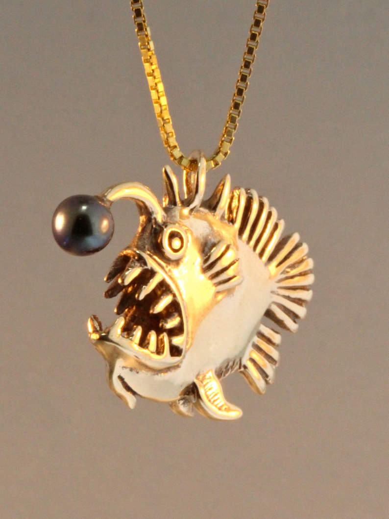 Angler Fish Gold Charm Pendant With Black Pearl Angler Fish - Etsy