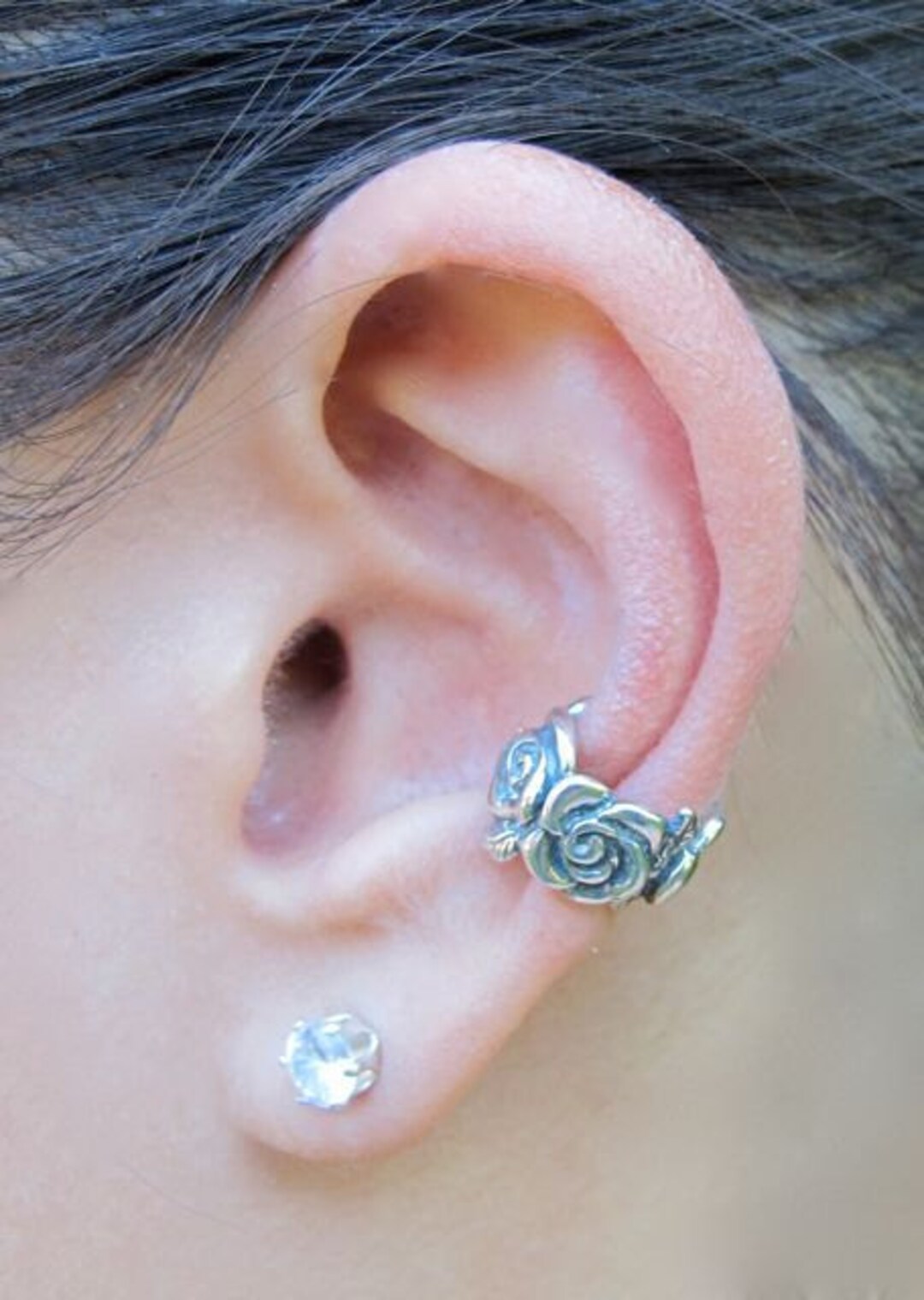 Silver Ear Cuff, Rose Ear Cuff, Rose Jewelry Rose Earring, Flower ...