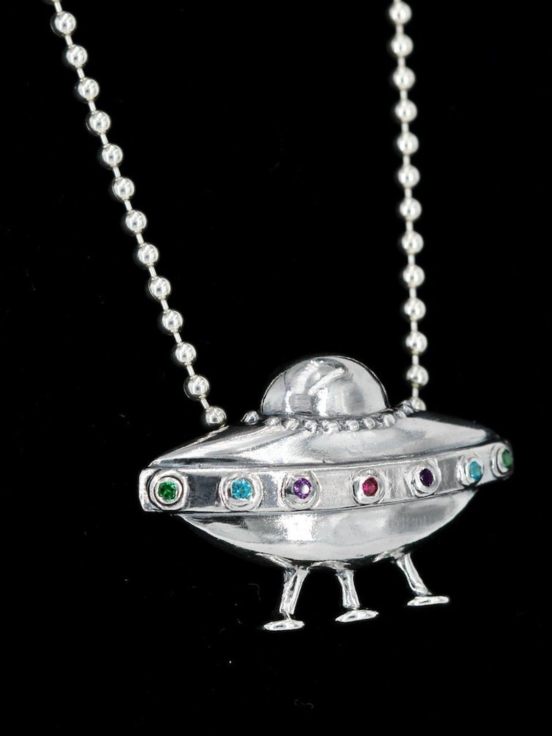 UFO Necklace With Gemstone Portholes - Flying Saucer Pendant - Alien ...