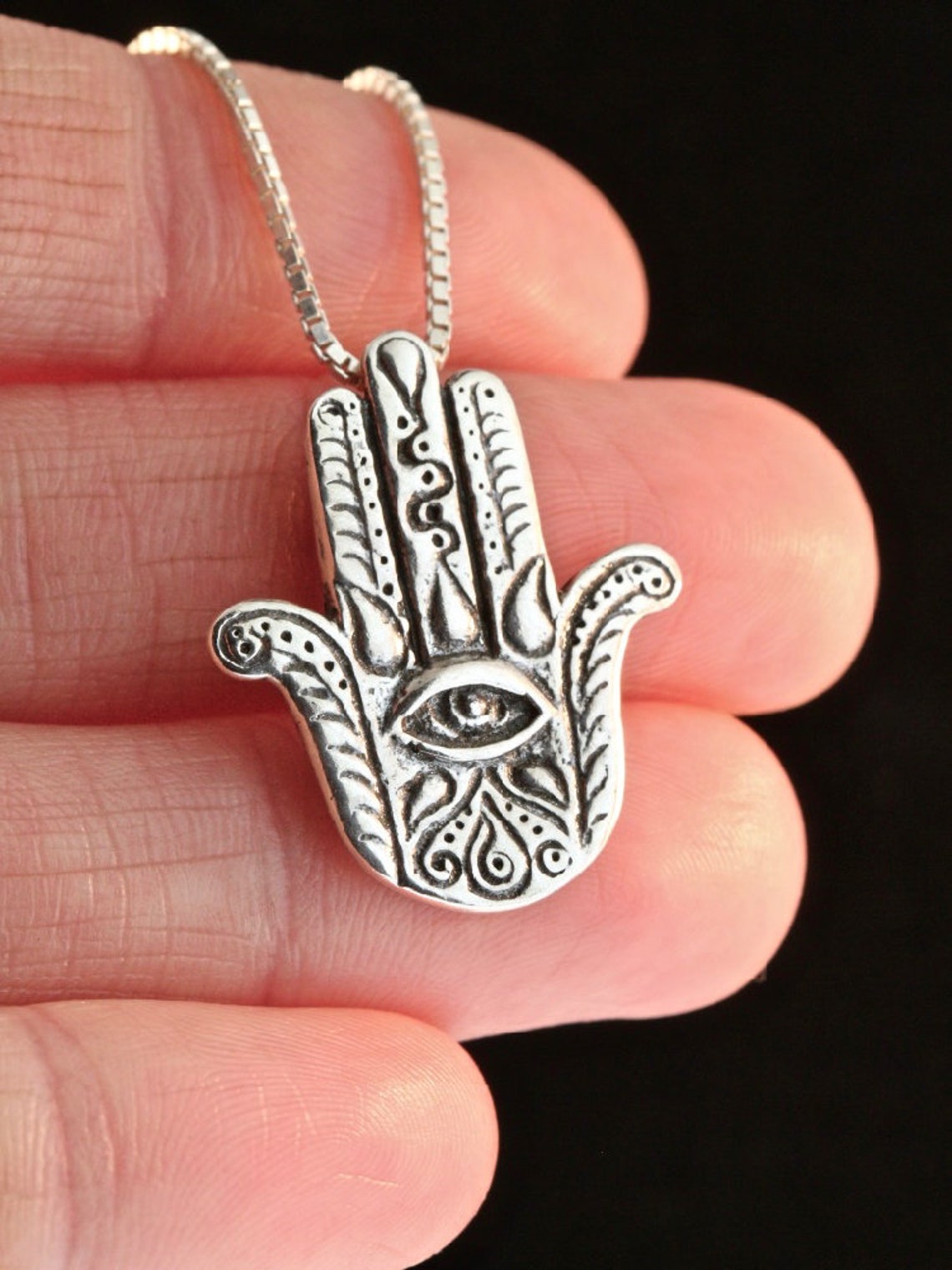 Hamsa Hand and Eye Pendant Silver Hand Eye Lotus Charm Boho - Etsy