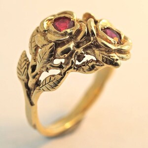 Double Rose and Ruby Ring 14K Gold Flower Ring Rose Ring Flower Jewelry ...