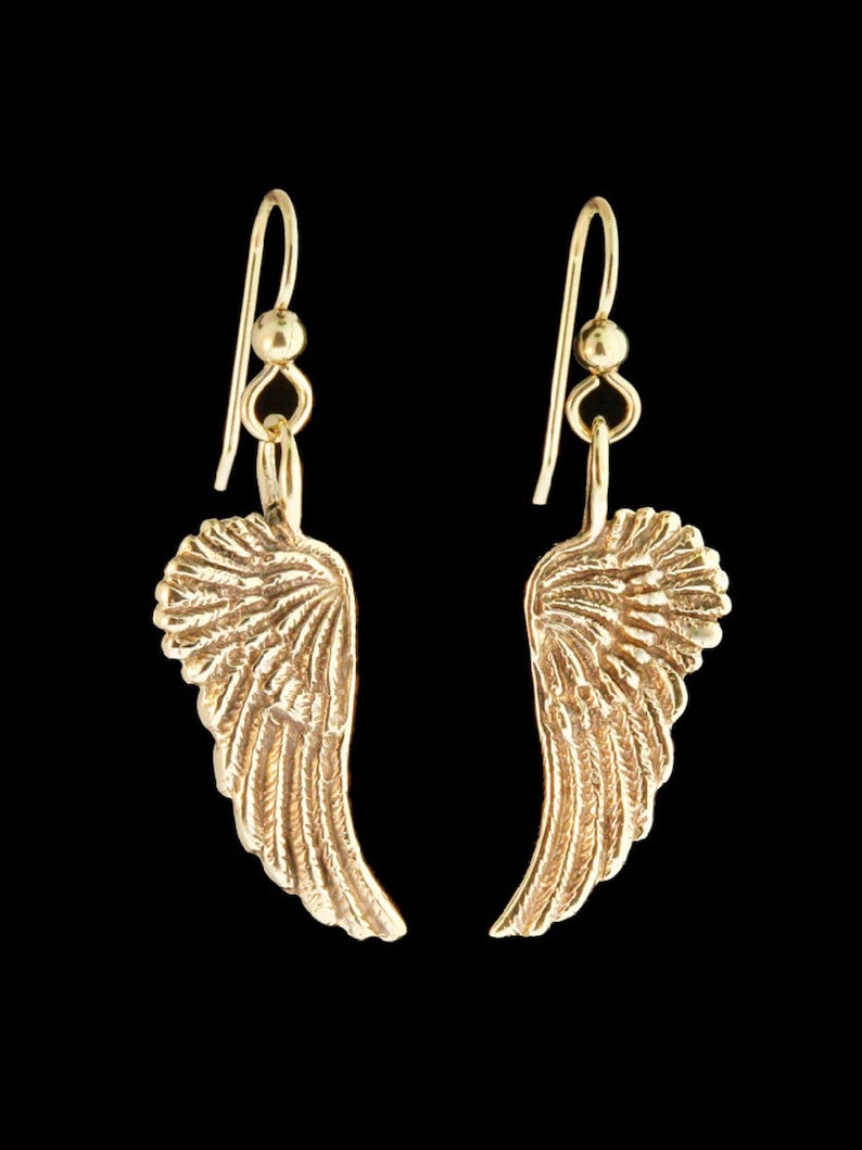 14k Gold Angel Wing Earrings Solid Gold Angler Wing Charm Gold Earrings ...