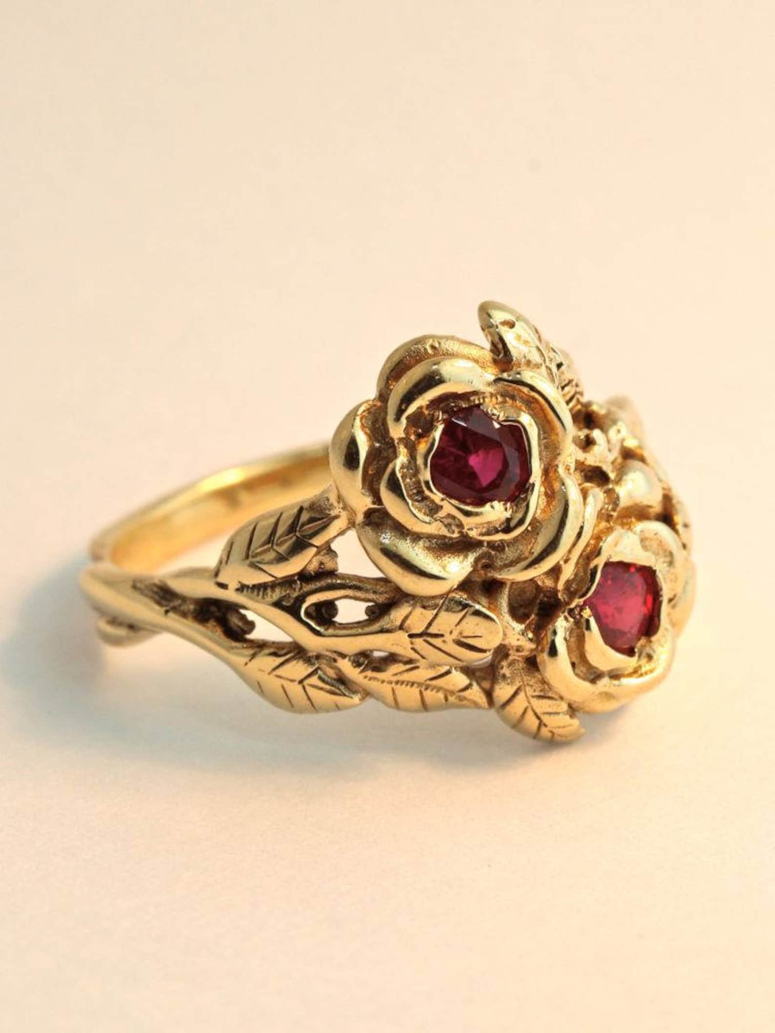 Double Rose and Ruby Ring 14K Gold Flower Ring Rose Ring - Etsy