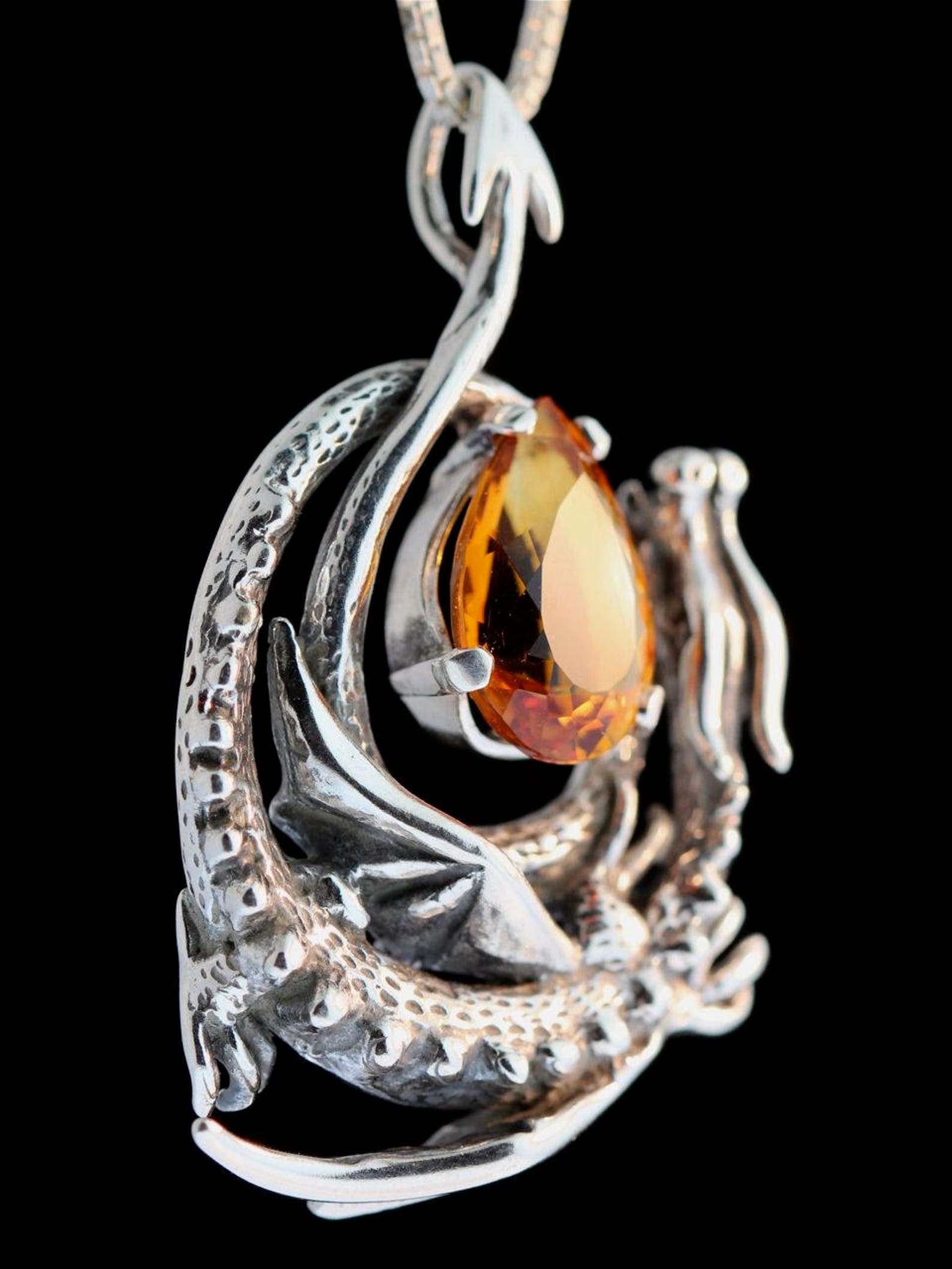 Silver Dragon Pendant Curled Dragon Necklace Citrine Jewelry - Etsy