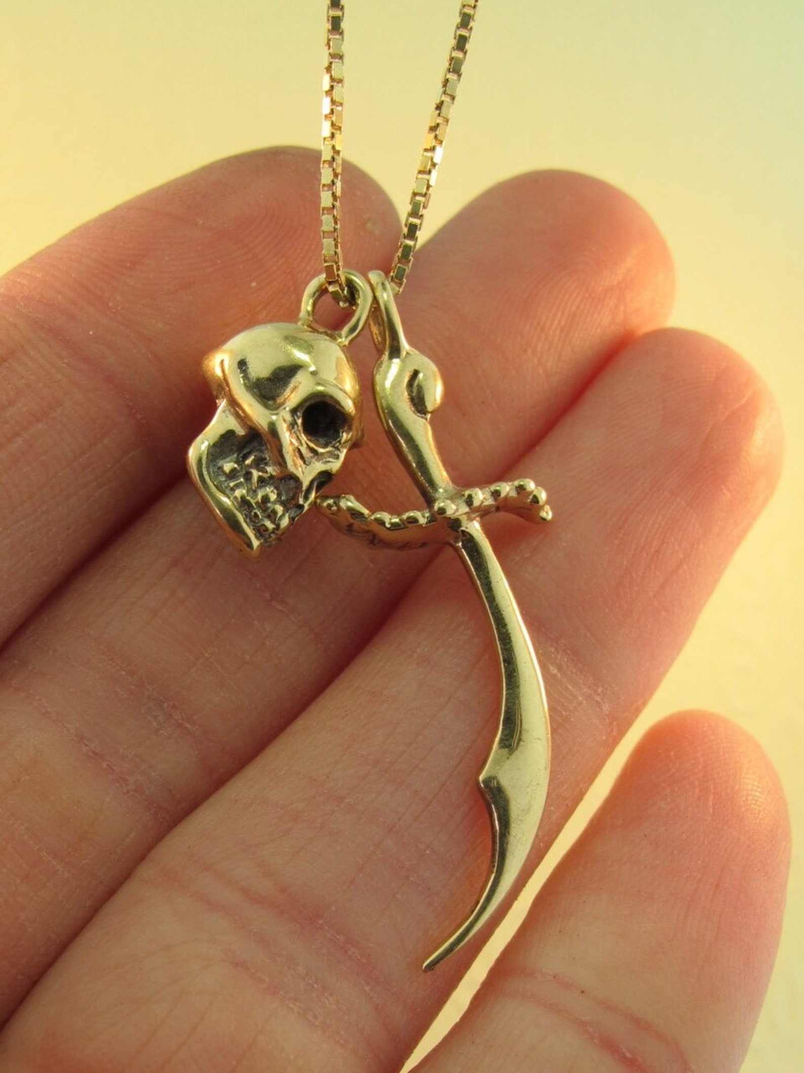 14k Gold Skull and Scimitar Necklace Skull Charm Sword Charm | Etsy