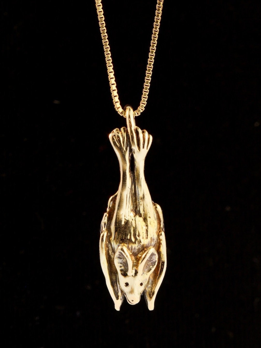 Solid 14k Gold Sleeping Bat Pendant - Hanging Bat Necklace Gold Bat ...