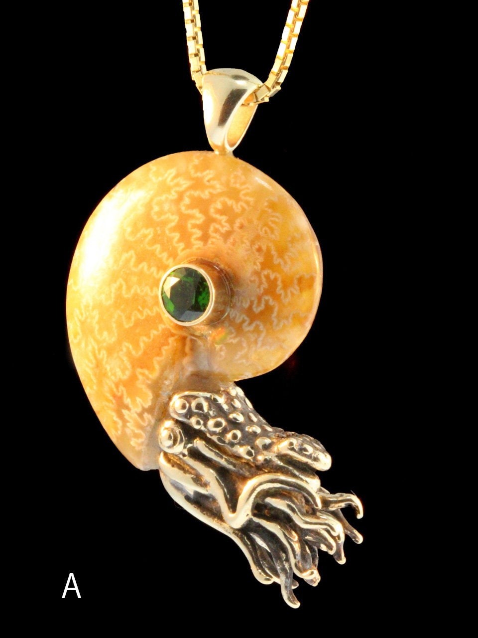 Gold Fossilized Ammonite Nautilus Necklace Chrome Diopside Ammonite ...