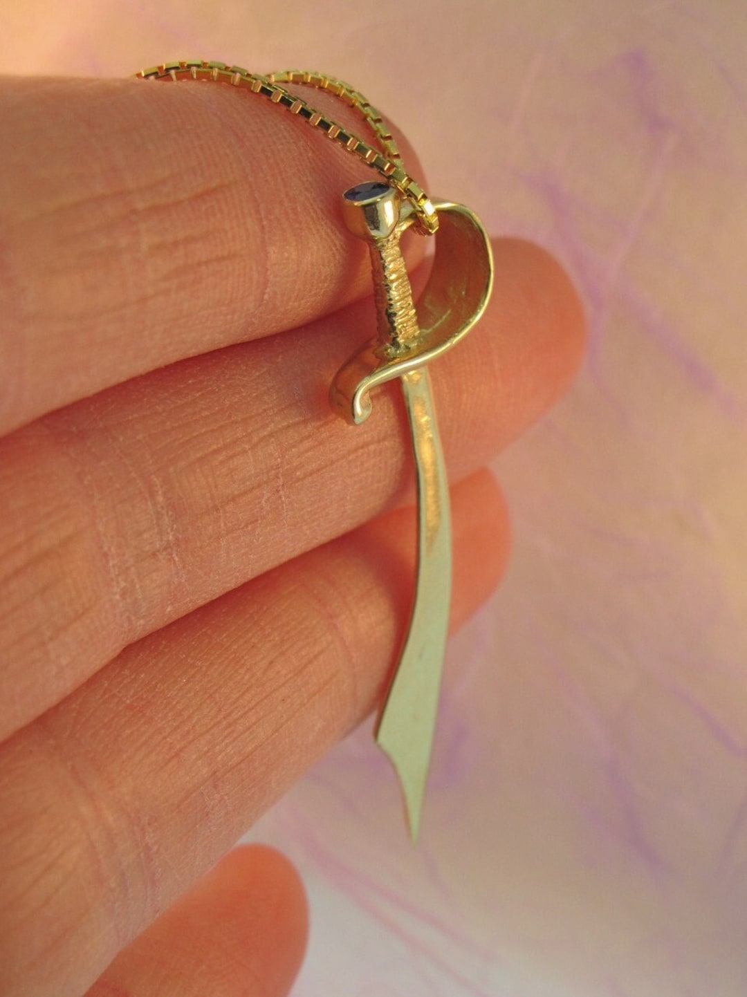 Solid 14k Gold Sword Pendant Cutlass Sword Charm With Sapphire in Hilt ...