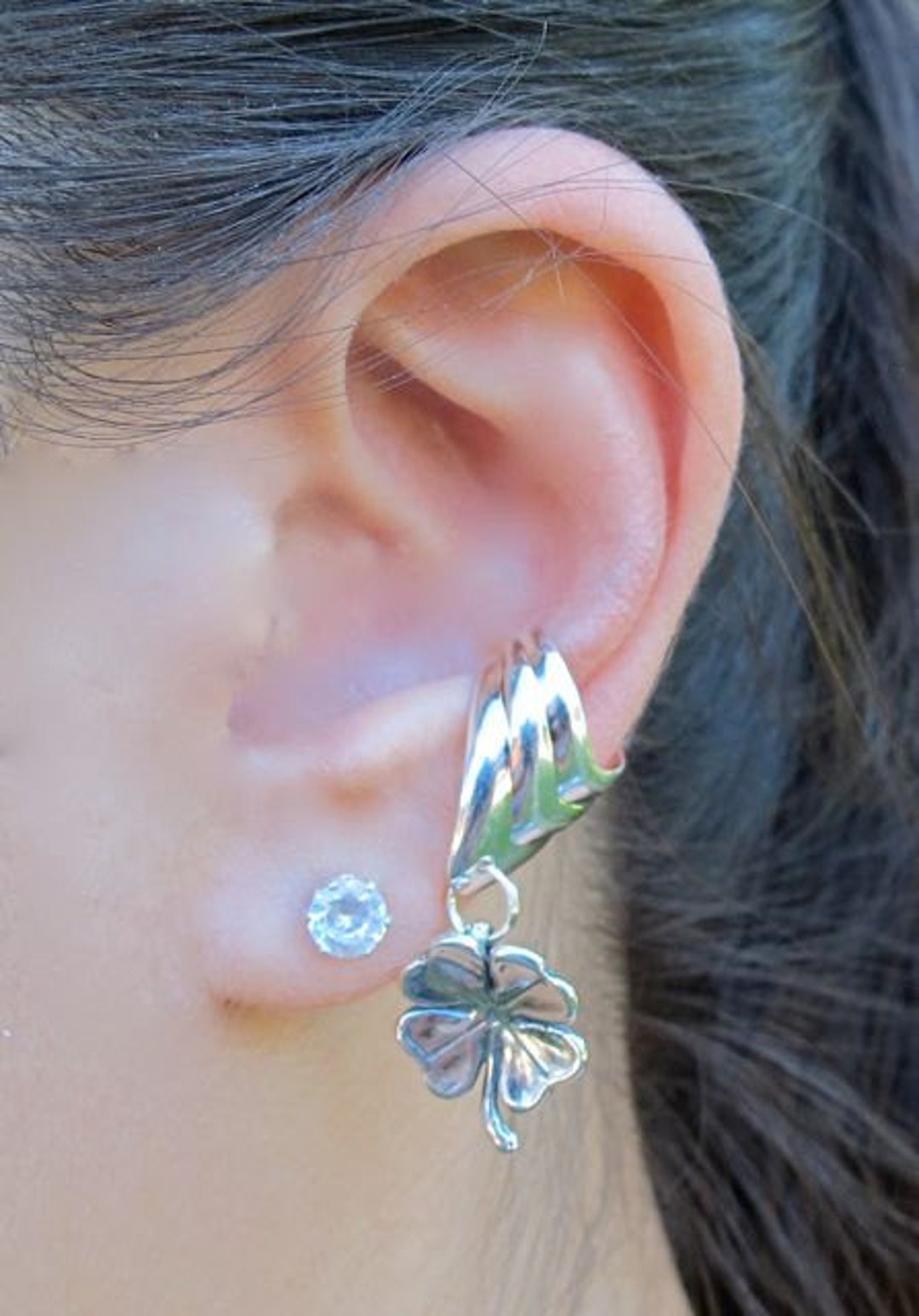 Four Leaf Clover Ear Cuff Chevron Silver Four Leaf Clover Charm Non-pierced Earring Clover ...