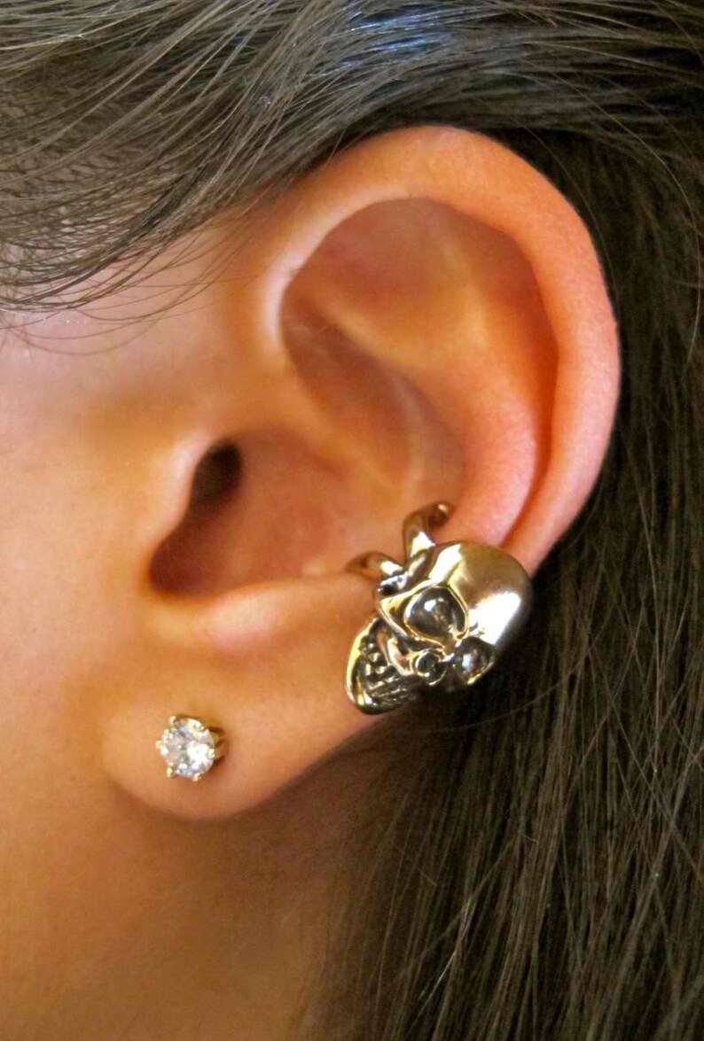 Skull Ear Cuff Bronze Skull Earring Skull and Crossbone Ear - Etsy