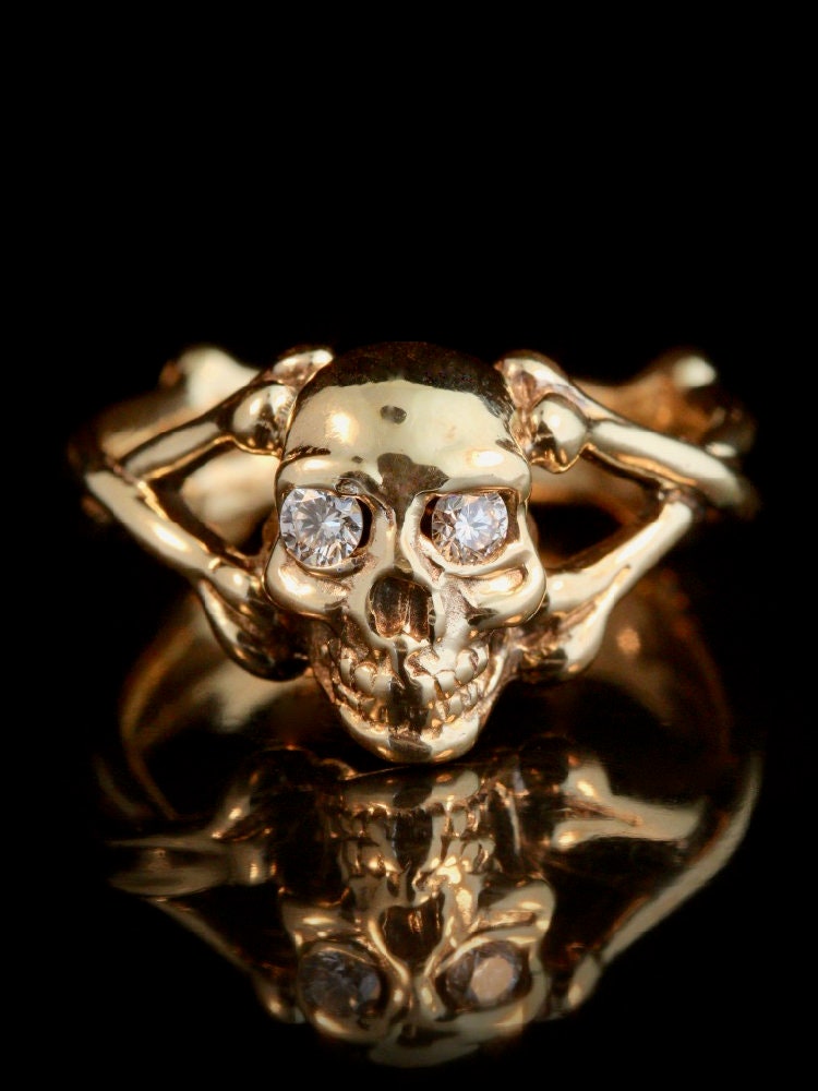 Skull Ring Gold Skull and Crossbone Ring 14k With Ruby or | Etsy