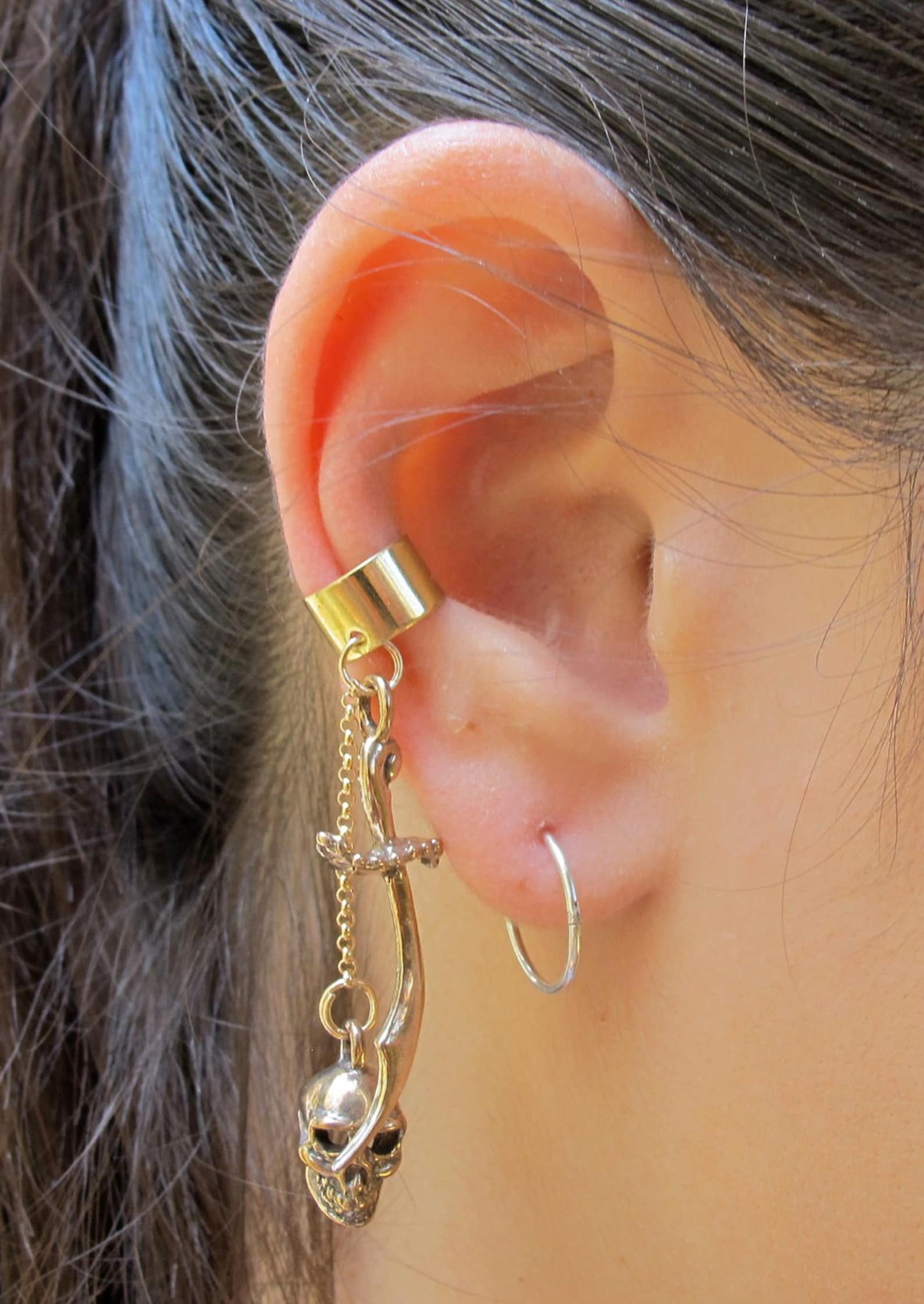 Skull Ear Cuff Bronze Skull and Scimitar Ear Cuff Chain Ear | Etsy