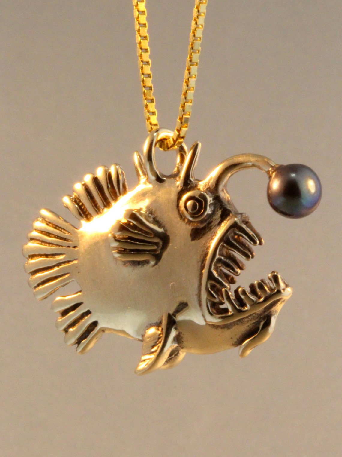 Angler Fish Gold Charm Pendant With Black Pearl Angler Fish - Etsy