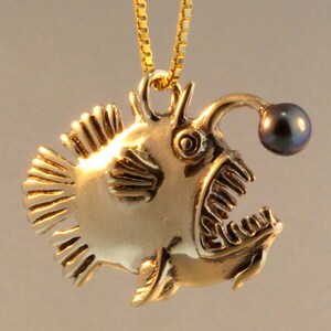Angler Fish Gold Charm Pendant With Black Pearl - Angler Fish Jewelry ...