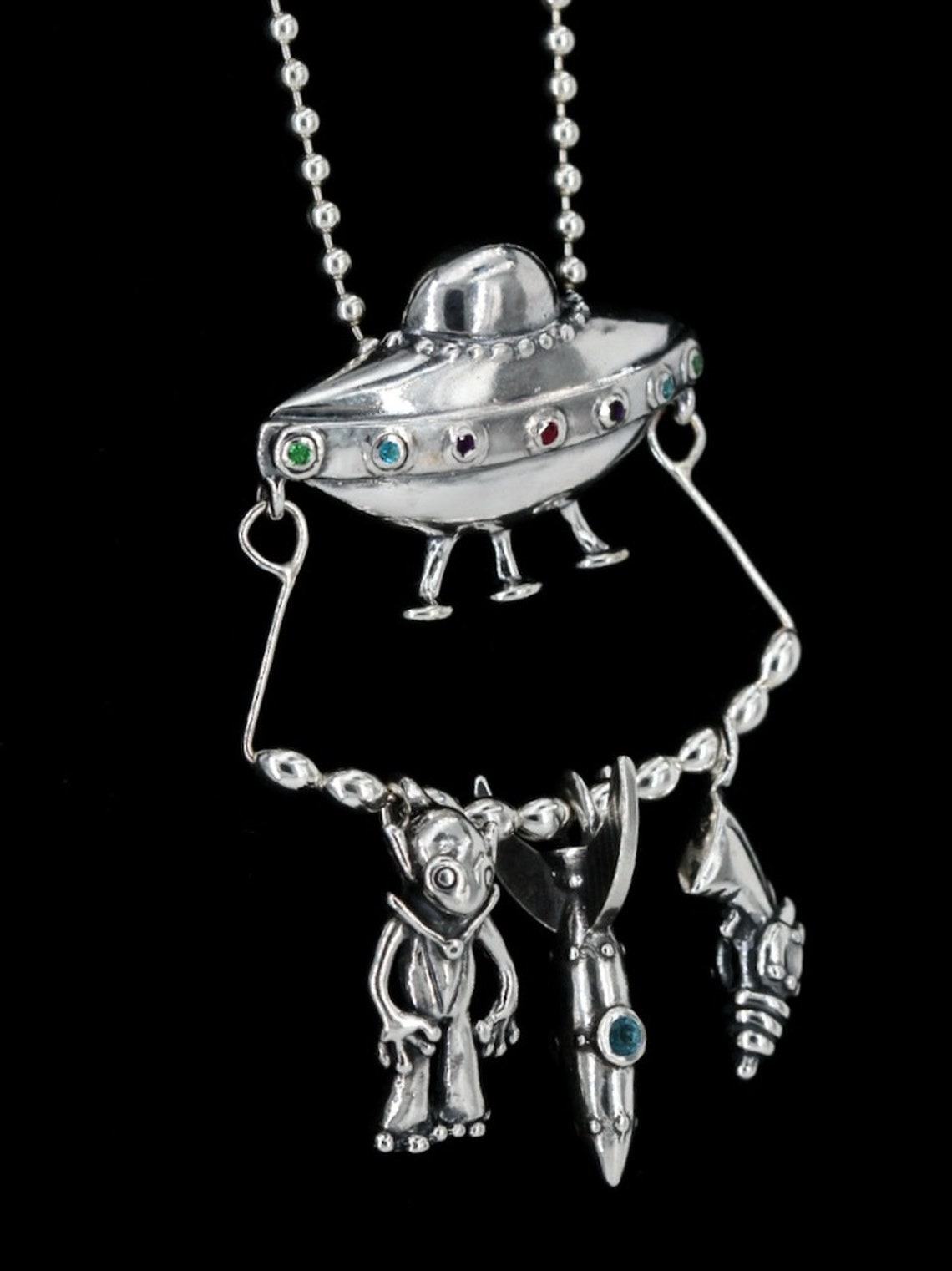 UFO Necklace With Alien Charms and Gemstone Portholes Alien - Etsy
