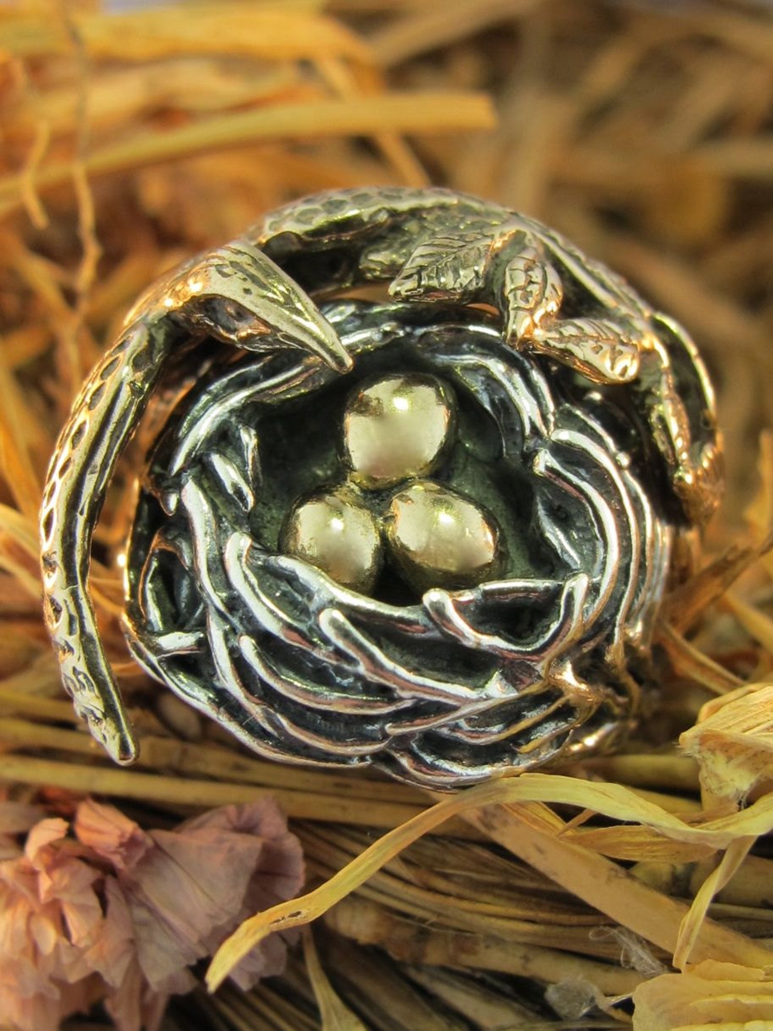 Bird and Bird Nest Ring - Sterling Silver Nest - Bronze Bird and Eggs ...
