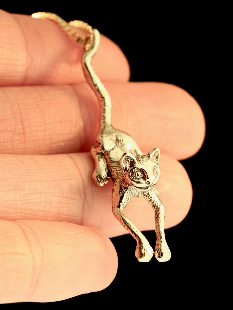 Cat Necklace 14K Gold Cat Charm Cat Jewelry Crawling Cat Pendant Kitty ...