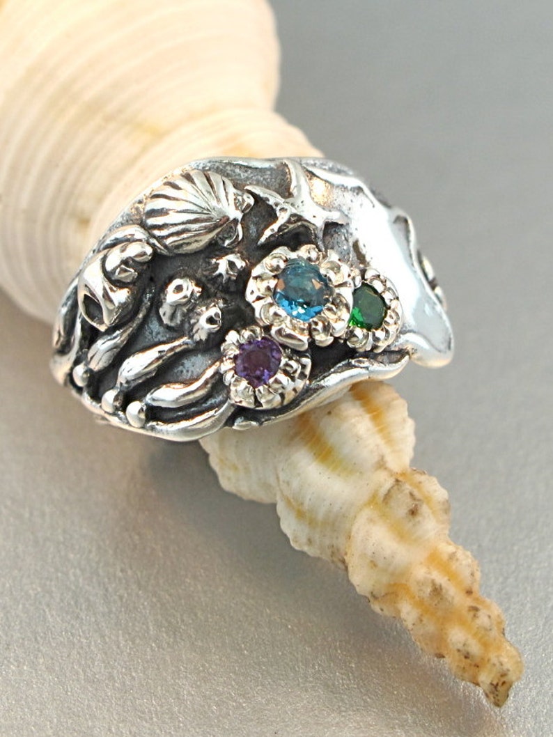 Ocean Ring Silver Tide Pool Ring With Gemstones Ocean Jewelry - Etsy