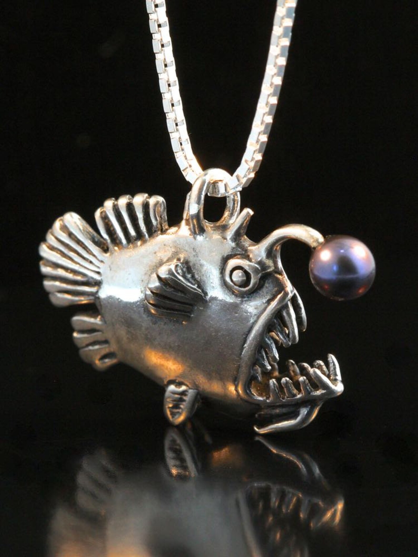 Angler Fish Necklace Fish Charm Fish Pendant With Black Pearl - Etsy