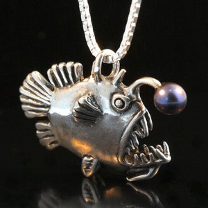 Angler Fish Necklace Fish Charm Fish Pendant With Black Pearl Angler ...