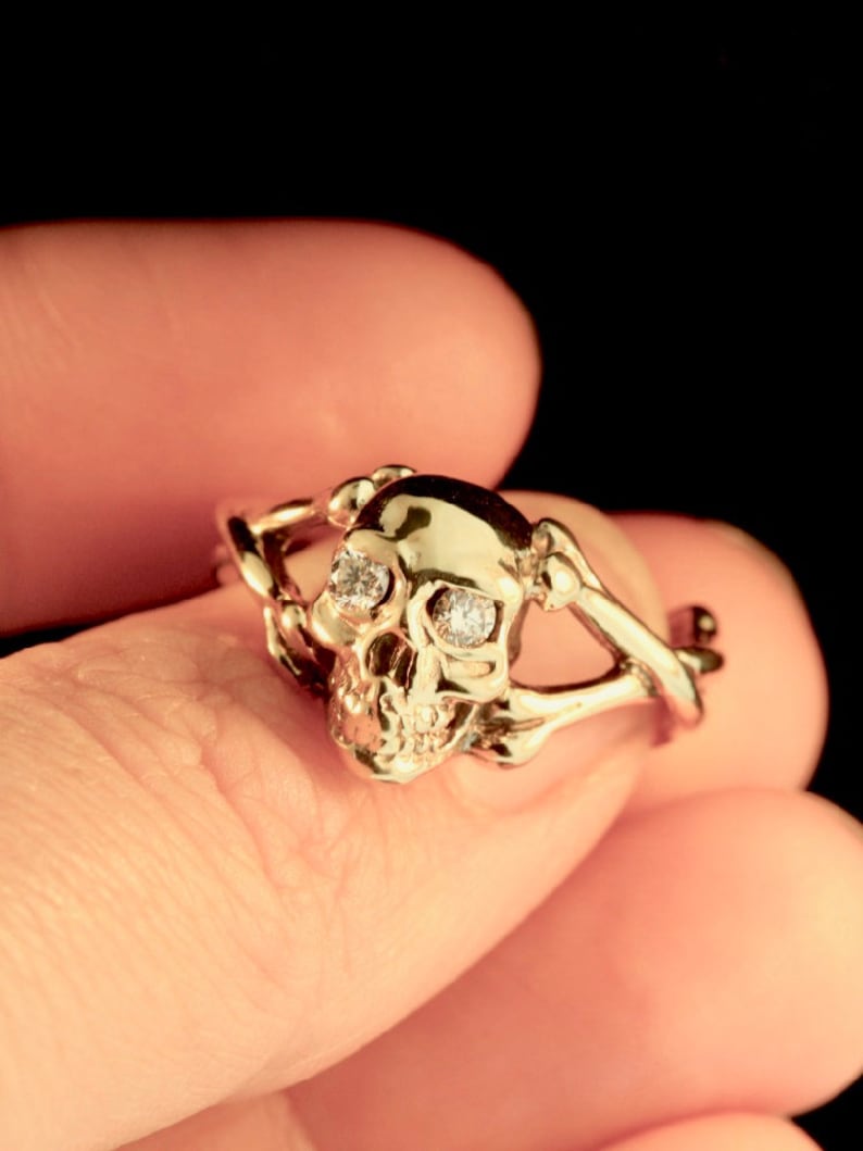 Medium Skull and Crossbones Ring With Ruby or Diamond Eyes - Solid 14k ...