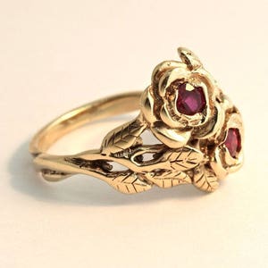 Double Rose and Ruby Ring 14K Gold Flower Ring Rose Ring Flower Jewelry ...