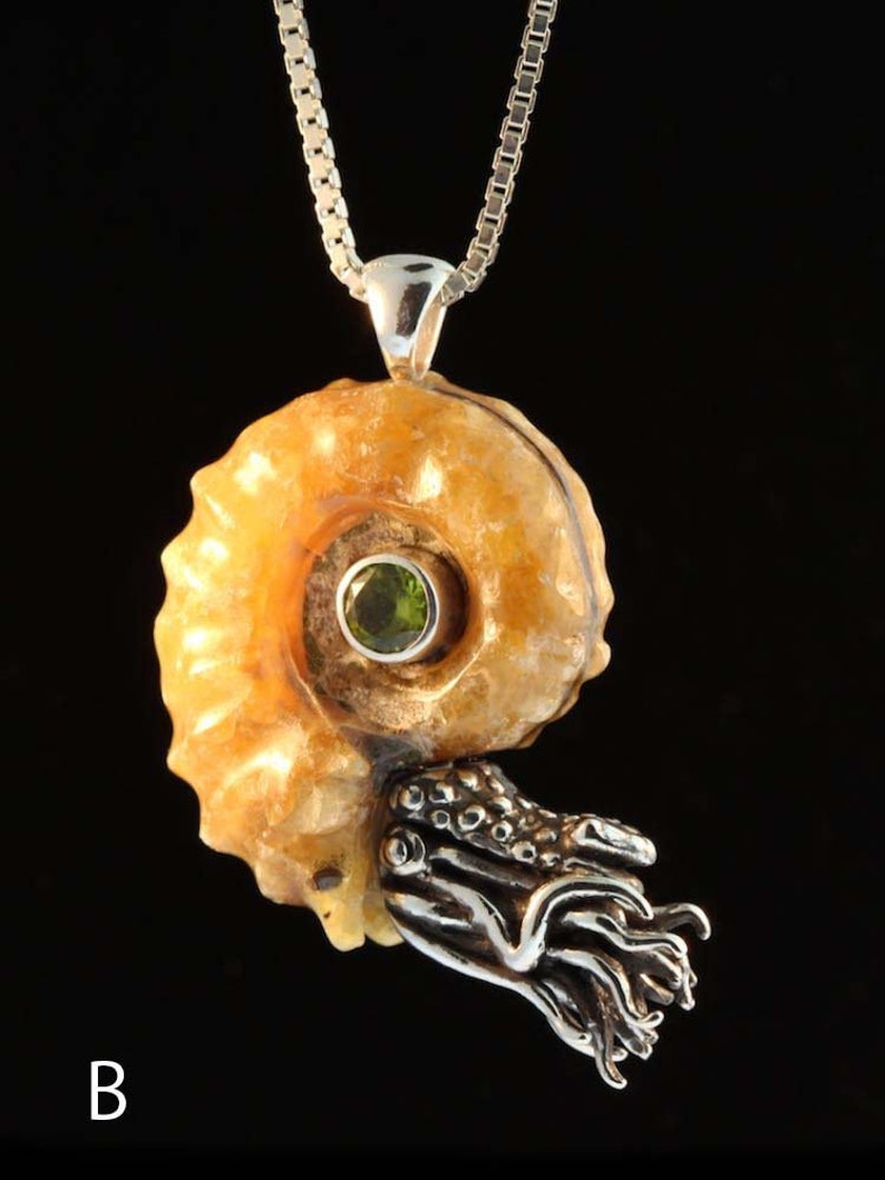 Spiky Fossilized Ammonite Necklace W/ Gemstone Nautilus - Etsy