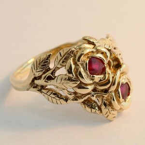 Double Rose and Ruby Ring 14K Gold Flower Ring Rose Ring Flower Jewelry ...
