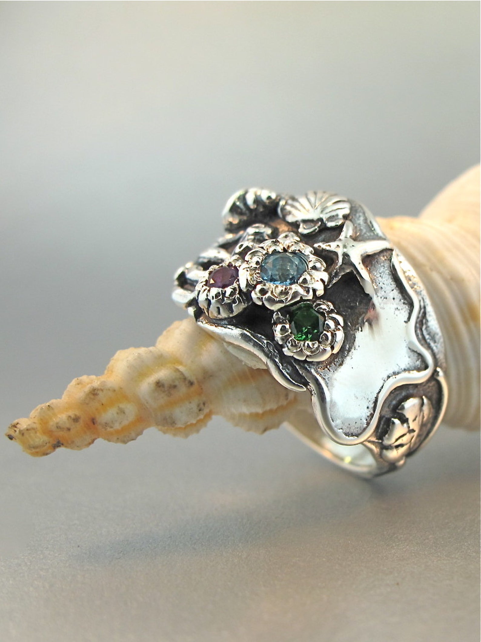 Ocean Ring Silver Tide Pool Ring With Gemstones Ocean Jewelry - Etsy