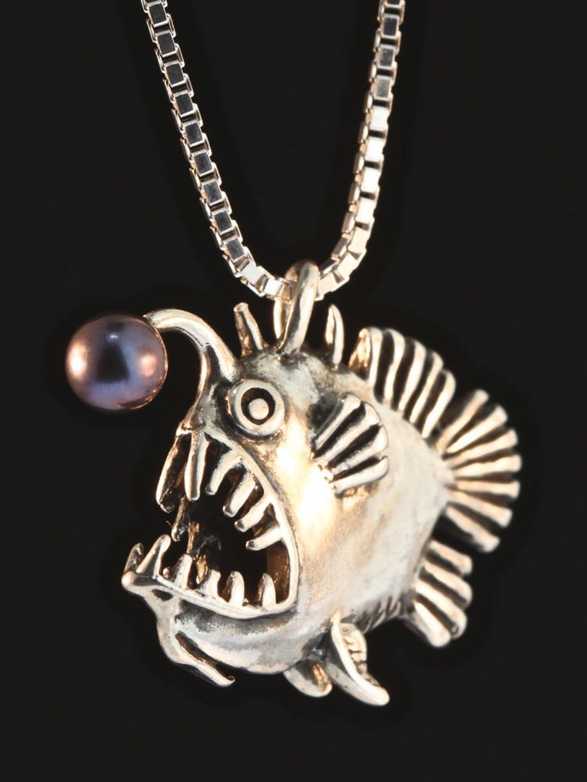 Angler Fish Necklace Fish Charm Fish Pendant with Black Pearl | Etsy