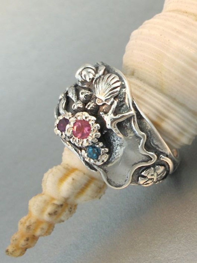 Ocean Ring Silver Tide Pool Ring With Gemstones Ocean Jewelry Shell ...