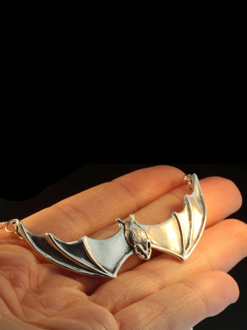 Silver Bat Necklace Halloween Jewelry Large Spread Winged Bat Pendant ...