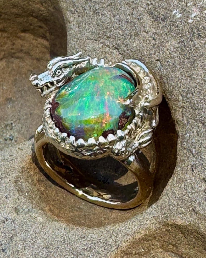Green Grotto Sentry Dragon Ring - Mexican Matrix Opal - Solid 14K Gold ...