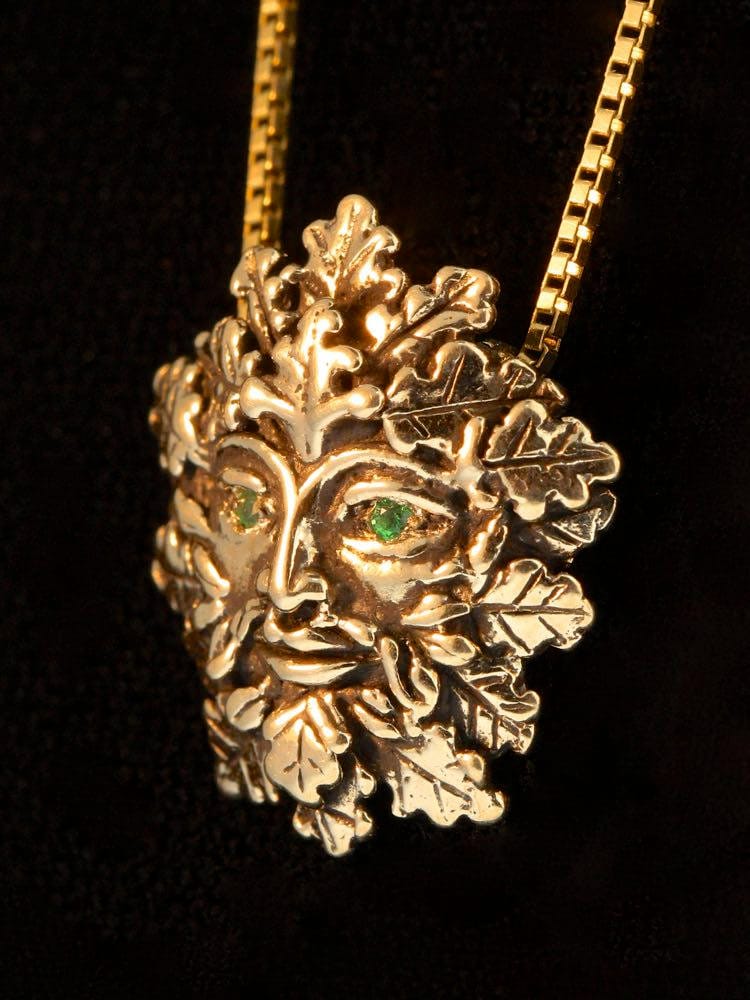Green Man Pendant 14K Gold With Tsavorite Eyes Greenman Necklace Leaf ...
