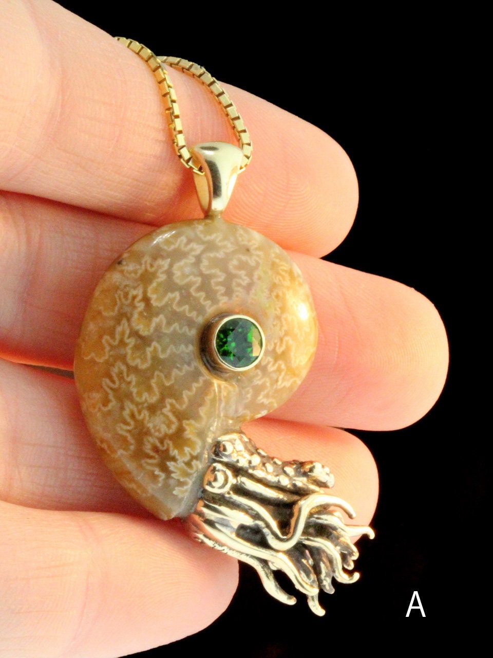 Gold Fossilized Ammonite Nautilus Necklace Chrome Diopside Ammonite ...