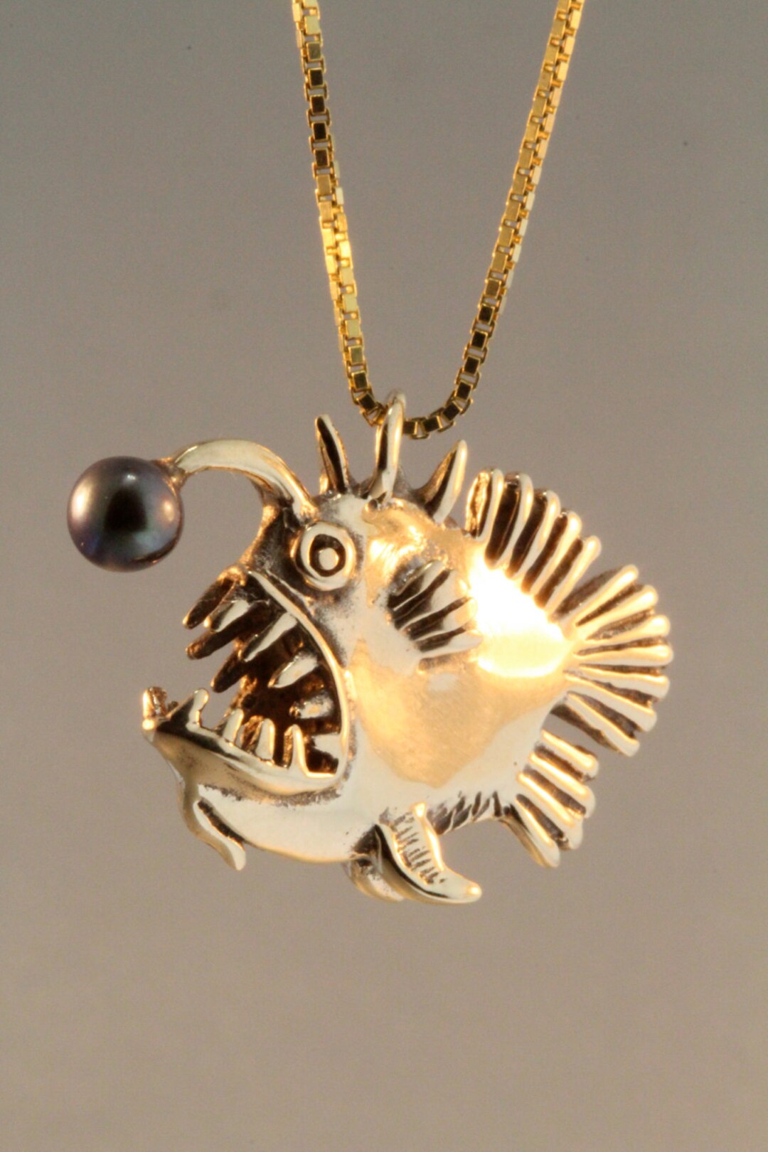 Angler Fish Gold Charm Pendant With Black Pearl - Angler Fish Jewelry ...