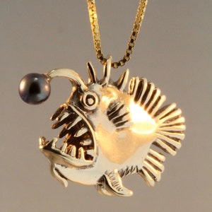 Angler Fish Gold Charm Pendant With Black Pearl - Angler Fish Jewelry ...
