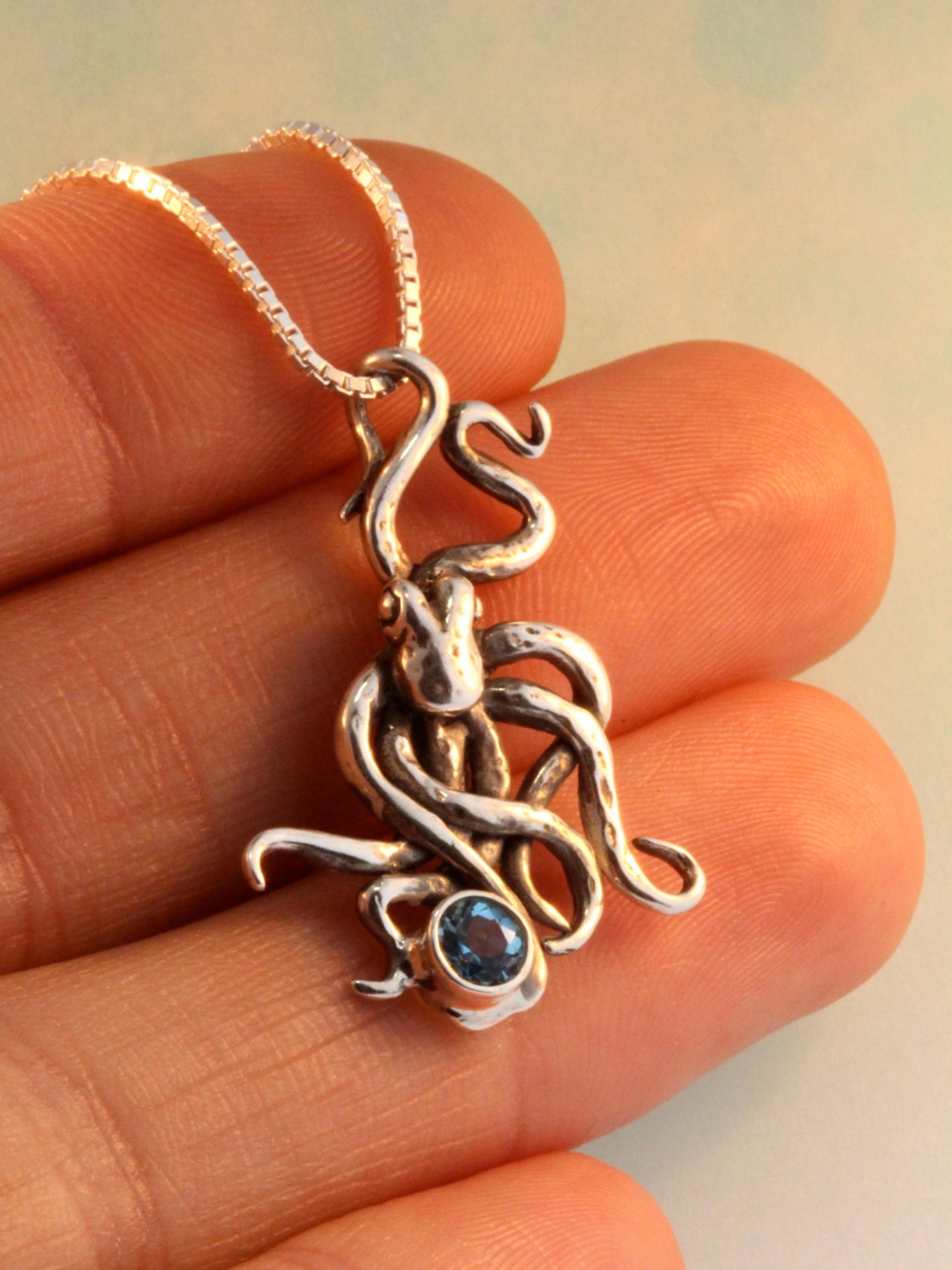 Octopus Necklace Silver Octopus Charm With Gemstone Small - Etsy