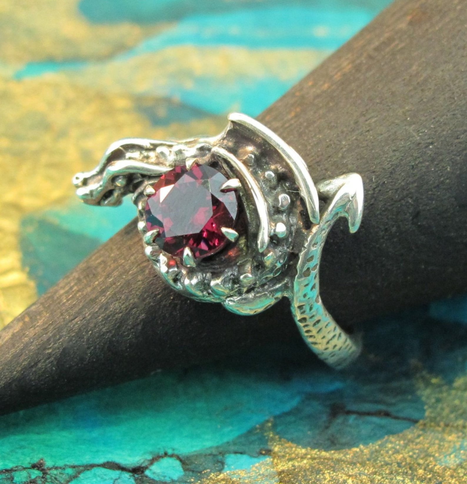 Curled Dragon Ring With Gemstone - Sterling Silver - Fantasy ...
