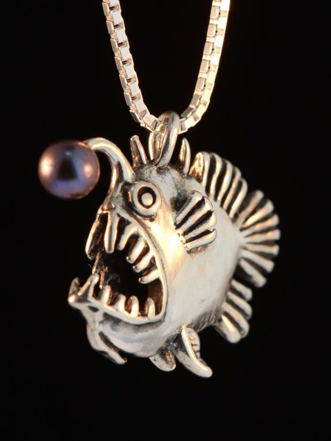 Angler Fish Necklace Fish Charm Fish Pendant With Black Pearl - Etsy
