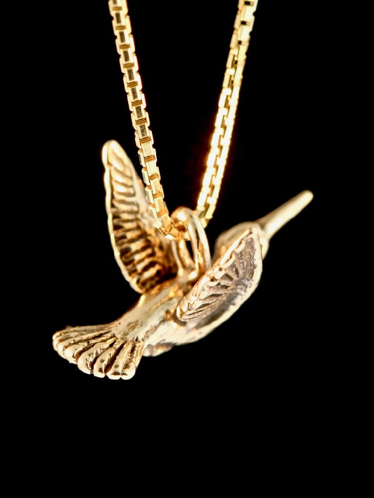 Flitting Hummingbird Charm - Solid 14K Gold - Bird Necklace - Etsy