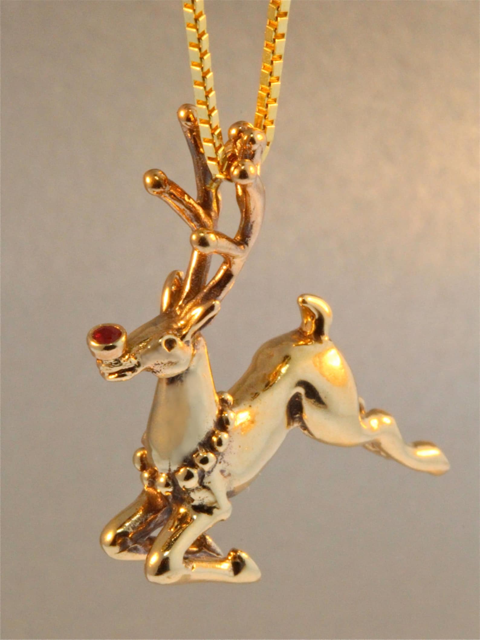 Reindeer Necklace - 14k Gold - Rudolph the Red Ruby Nosed Reindeer ...