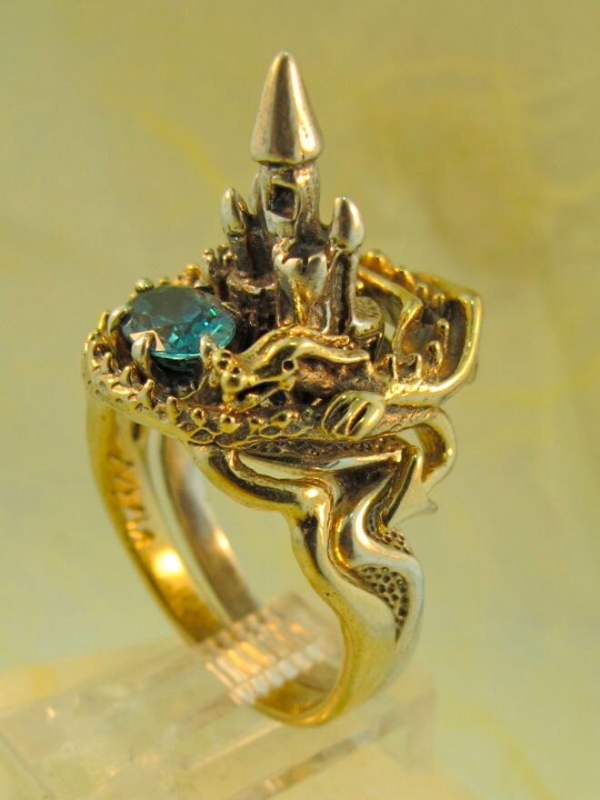 14K Gold Dragon and Silver Castle Ring Set With Blue Zircon - Dragon ...