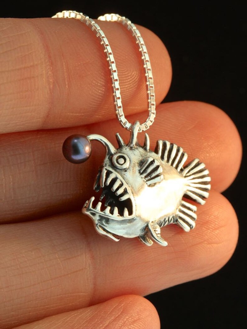 Angler Fish Necklace Fish Charm Fish Pendant With Black Pearl | Etsy