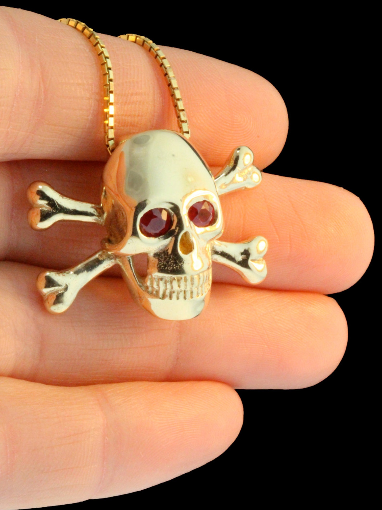 Large Skull and Crossbones Pendant - Ruby Eyes - Solid 14k Gold - Biker ...
